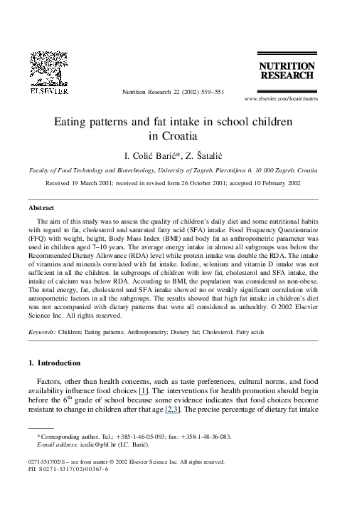 (PDF) Eating patterns and fat intake in school children in Croatia