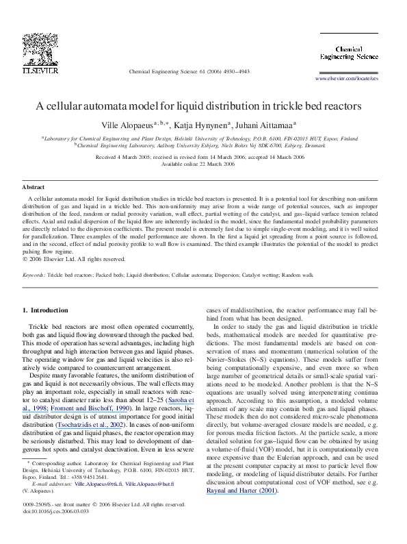 Pdf A Cellular Automata Model For Liquid Distribution In Trickle Bed Reactors