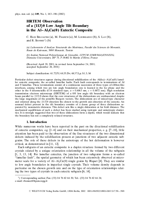 (PDF) HRTEM Observation of a ?113?? Low Angle Tilt Boundary in the Al ...