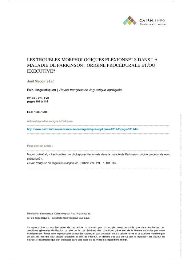 (PDF) Les troubles morphologiques flexionnels dans la maladie de ...