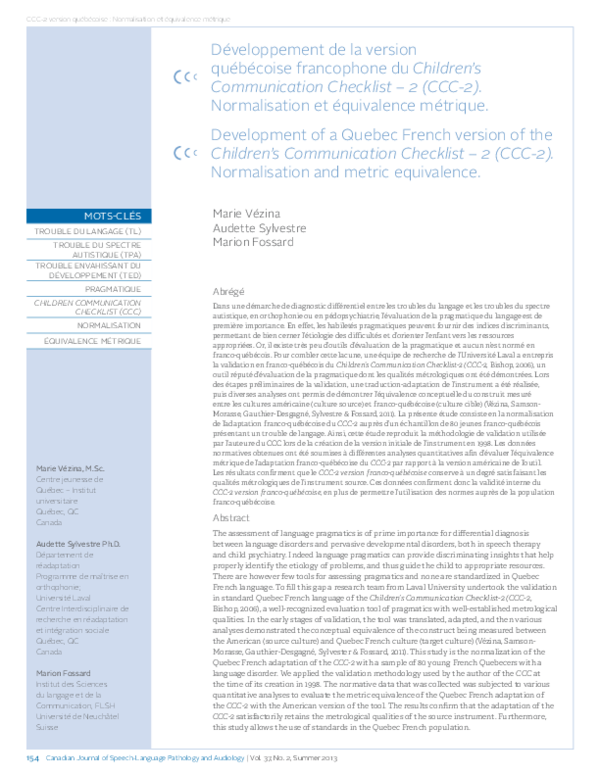 (PDF) Development of a Quebec French Version of the Children's ...