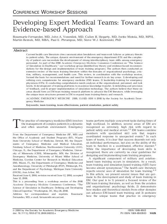 (PDF) Developing Expert Medical Teams: Toward an Evidence-based Approach