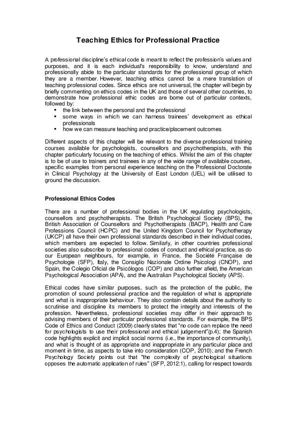 (PDF) Teaching Ethics for Professional Practice