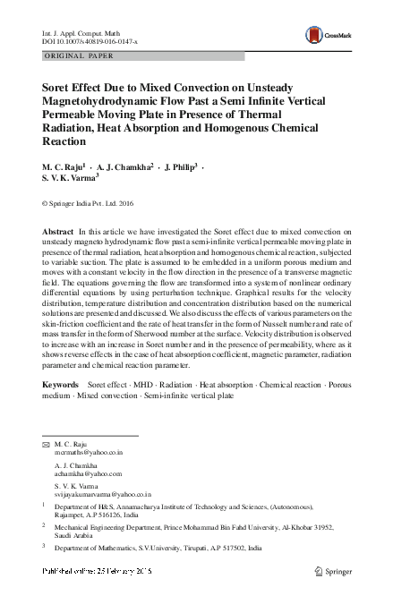 (PDF) Soret Effect Due to Mixed Convection on Unsteady Magnetohydrodynamic Flow Past a Semi ...
