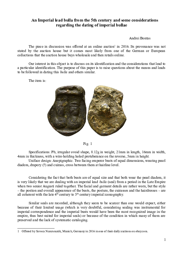 An Imperial lead bulla from the 5th century and some considerations ...
