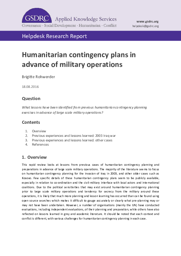 (PDF) Humanitarian contingency plans for military operations