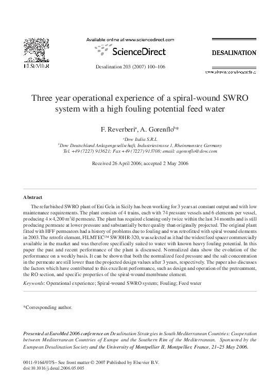 (PDF) Three year operational experience of a spiral-wound SWRO system ...