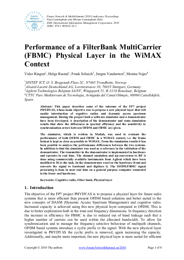 (PDF) Performance of a filterBank multiCarrier (FBMC) physical layer in the WiMAX context