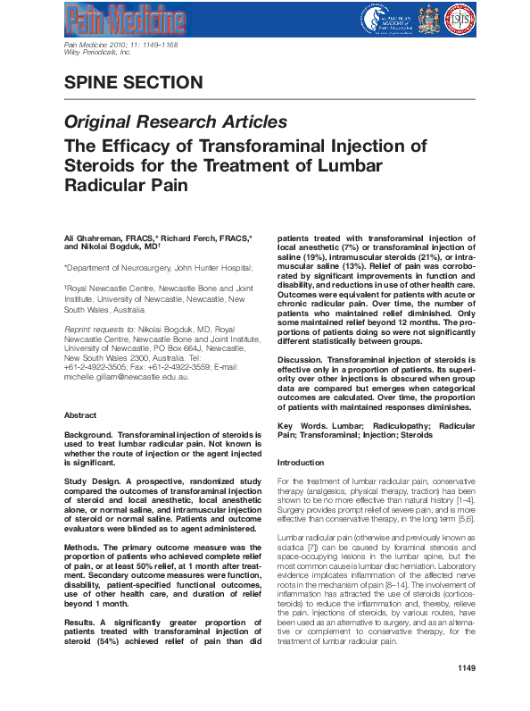 (PDF) The Efficacy of Transforaminal Injection of Steroids for the ...