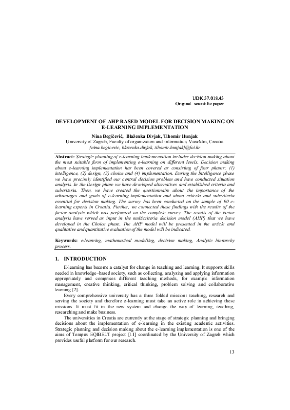 Pdf Development Of Ahp Based Model For Decision Making On E Learning Implementation