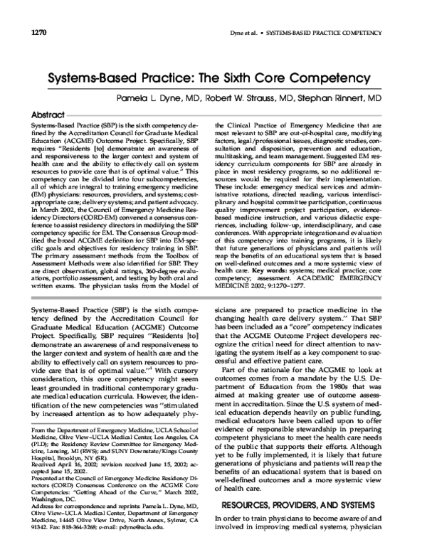 (PDF) Systems-Based Practice: The Sixth Core Competency