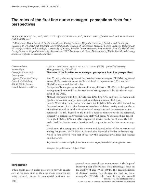 (PDF) The roles of the first-line nurse manager: perceptions from four perspectives | Marianne ...