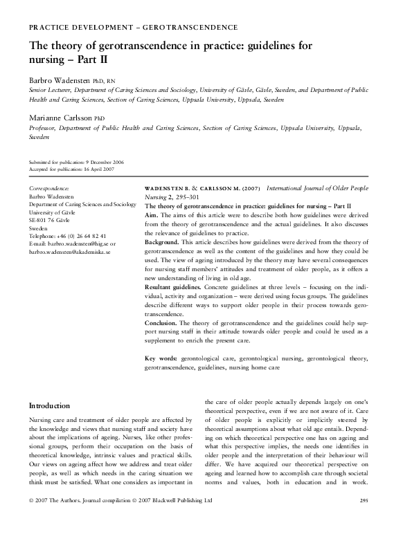(PDF) The theory of gerotranscendence in practice: guidelines for ...