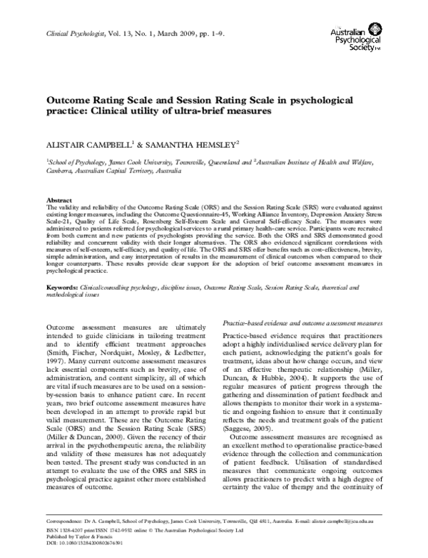 Pdf Outcome Rating Scale And Session Rating Scale In Psychological
