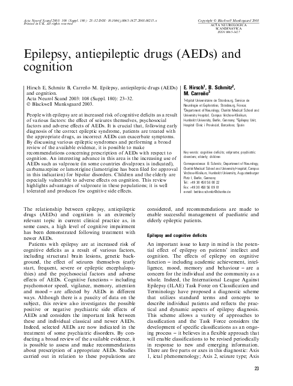 (PDF) Epilepsy, antiepileptic drugs (AEDs) and cognition