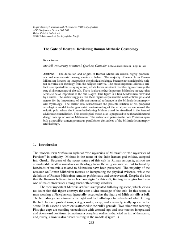 (PDF) The Gate of Heaven: Revisiting Roman Mithraic Cosmology