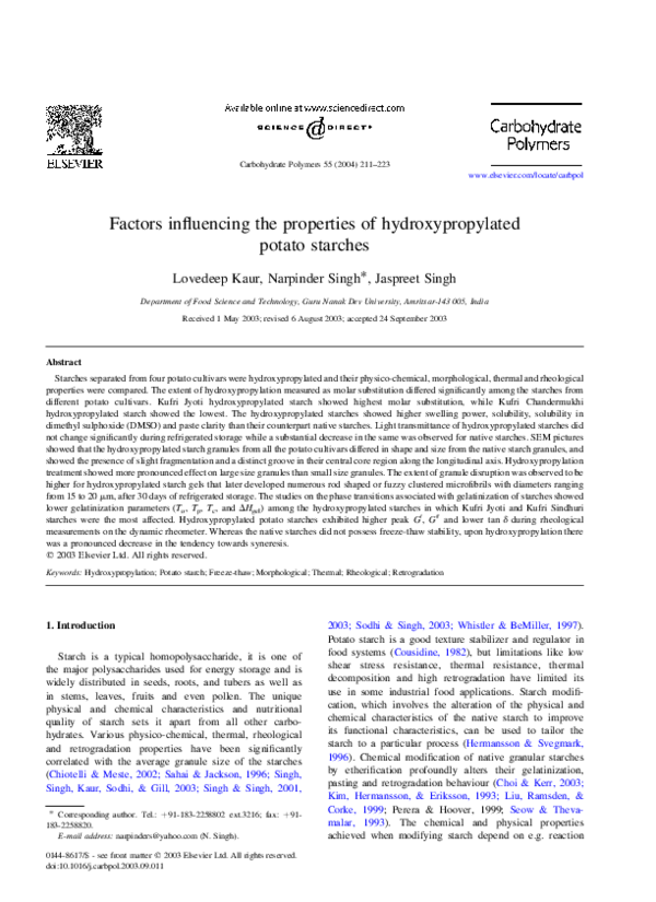 (PDF) Factors influencing the properties of hydroxypropylated potato ...