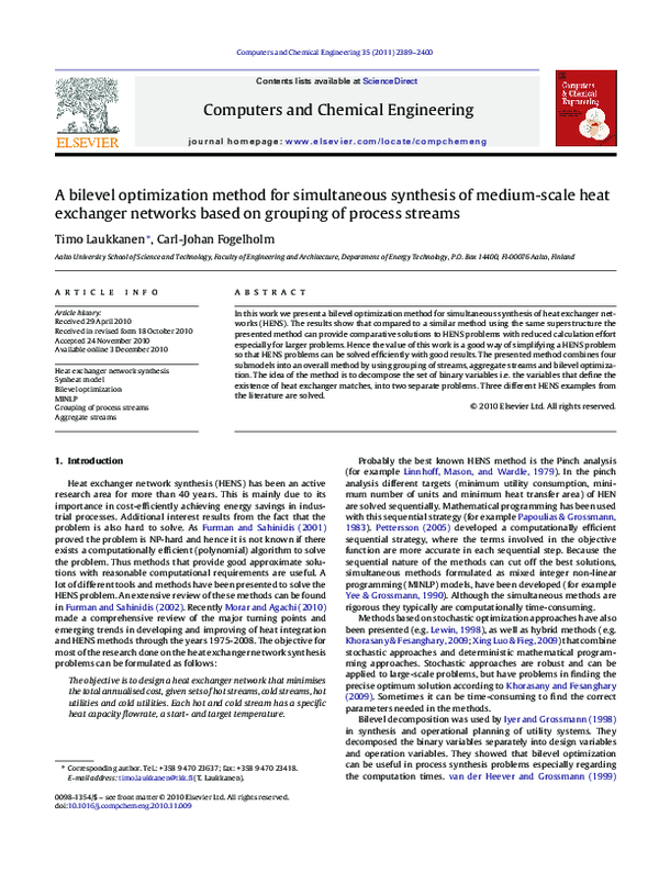 (PDF) A bilevel optimization method for simultaneous synthesis of medium-scale heat exchanger ...