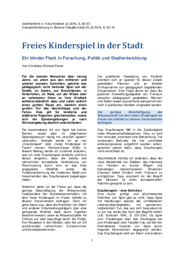 Richard-Elsner, Christiane (2016): Freies Kinderspiel in der Stadt. Ein ...