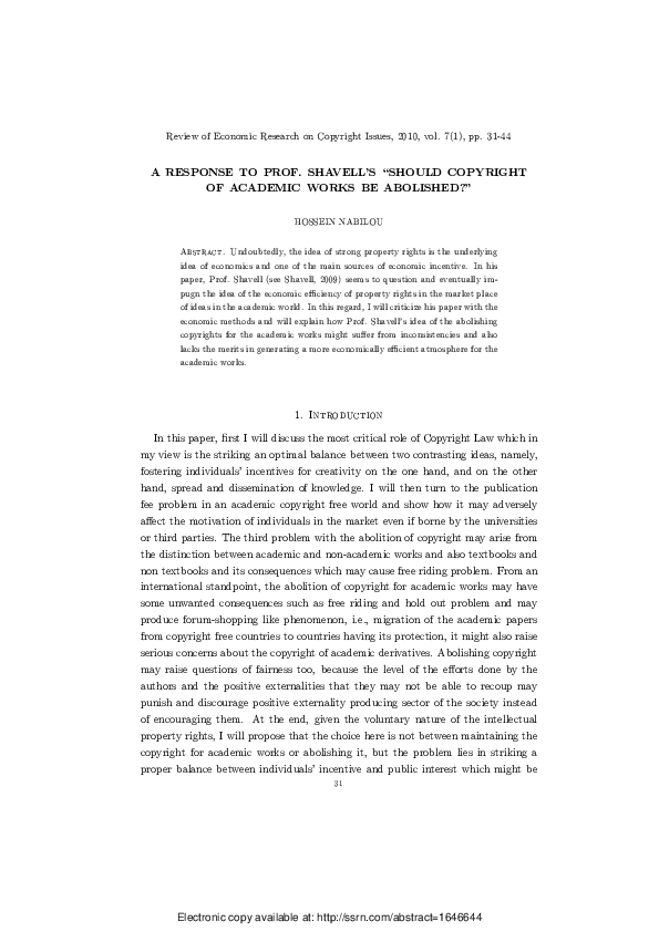 (PDF) A Response to Prof. Shavell’s ‘Should Copyright of Academic Works ...