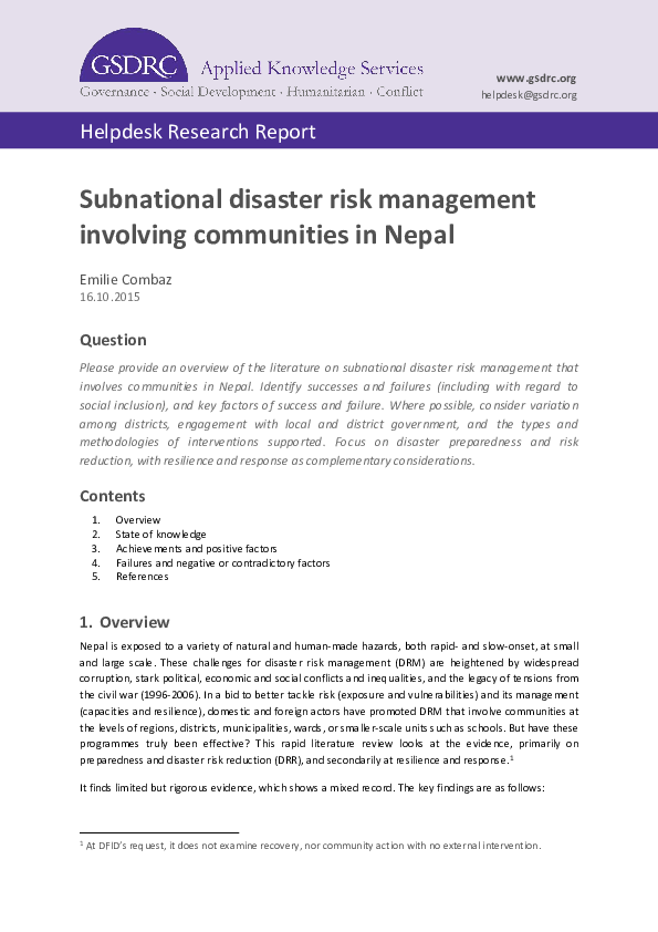 (PDF) Helpdesk Report - Subnational Disaster Risk Management Involving ...