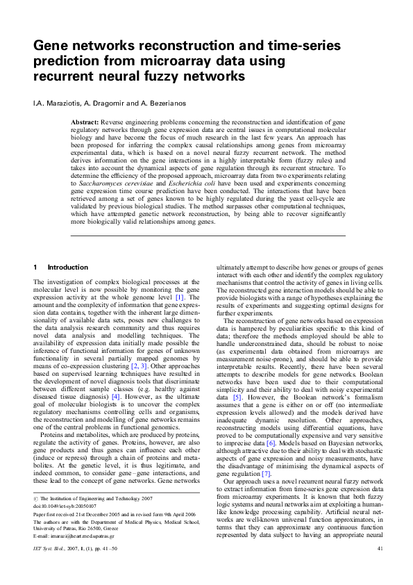 Pdf Gene Networks Reconstruction And Time Series Prediction From Microarray Data Using