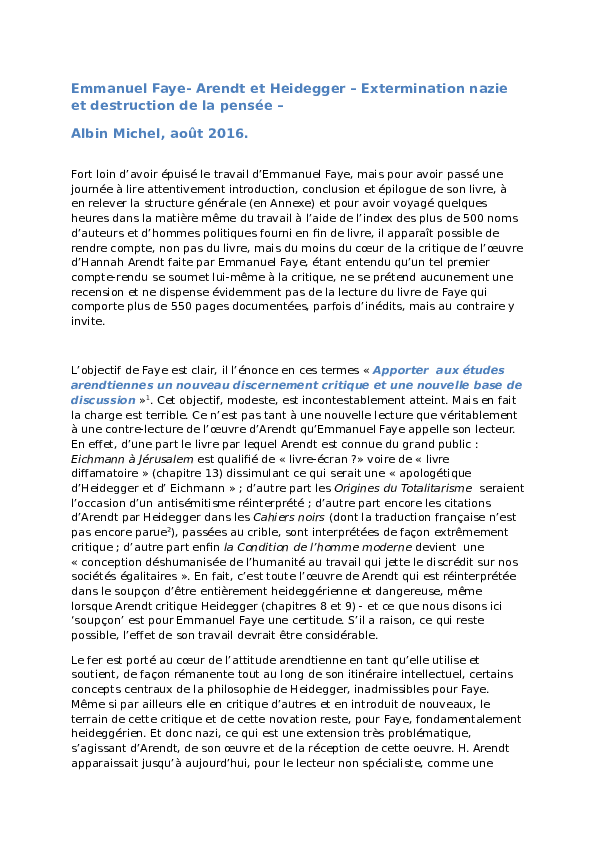 (DOC) Emmanuel Faye-Arendt et Heidegger – Extermination nazie et ...