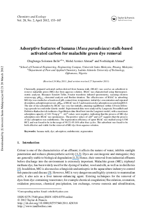 (PDF) Optimization of process variables by response surface methodology for malachite green dye ...