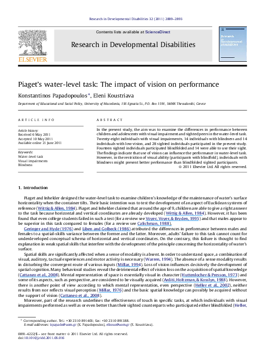 (PDF) Piaget's water-level task: The impact of vision on performance