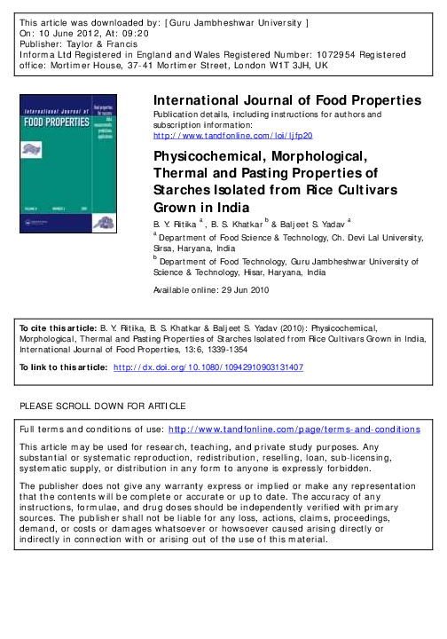 (PDF) Physicochemical, Morphological, Thermal and Pasting Properties of Starches Isolated from ...