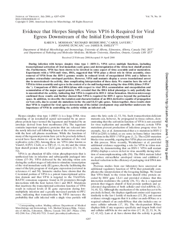 (PDF) Evidence that Herpes Simplex Virus VP16 Is Required for Viral ...