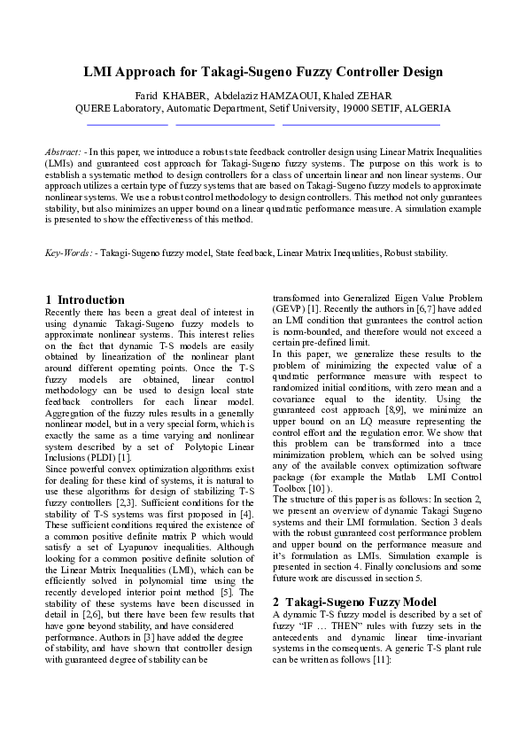 (PDF) LMI approach for Takagi-Sugeno fuzzy controller design | Khaled Zehar - Academia.edu