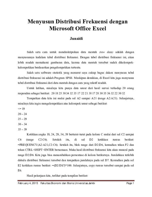 Pdf Menyusun Distribusi Frekuensi Dengan Microsoft Office Excel