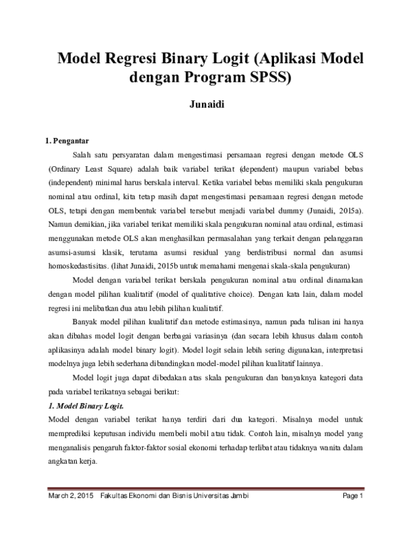 (PDF) Model Regresi Binary Logit (Aplikasi Model dengan Program SPSS)