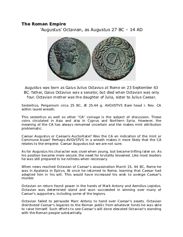 (DOC) The Roman Empire 'Augustus' Octavian, as Augustus 27 BC – 14 AD