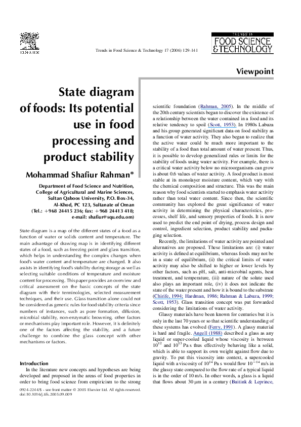 (PDF) State diagram of foods: Its potential use in food processing and ...