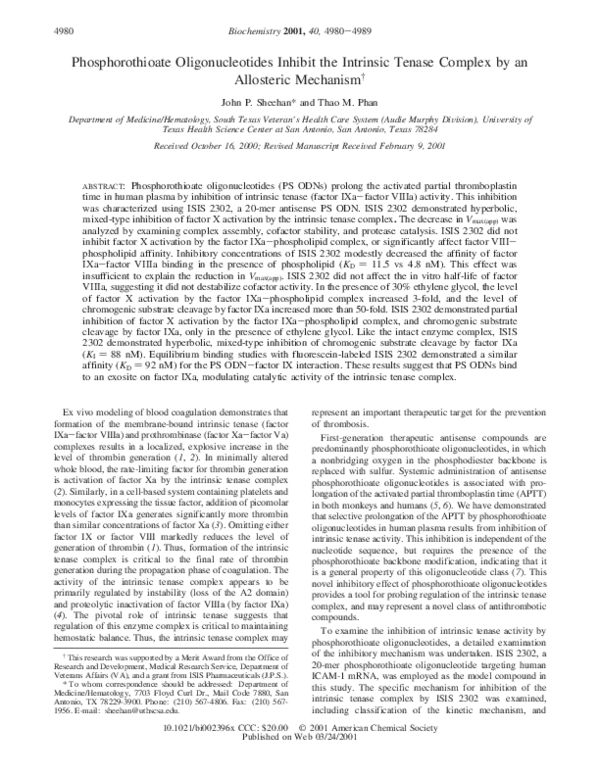 (PDF) Phosphorothioate Oligonucleotides Inhibit the Intrinsic Tenase ...