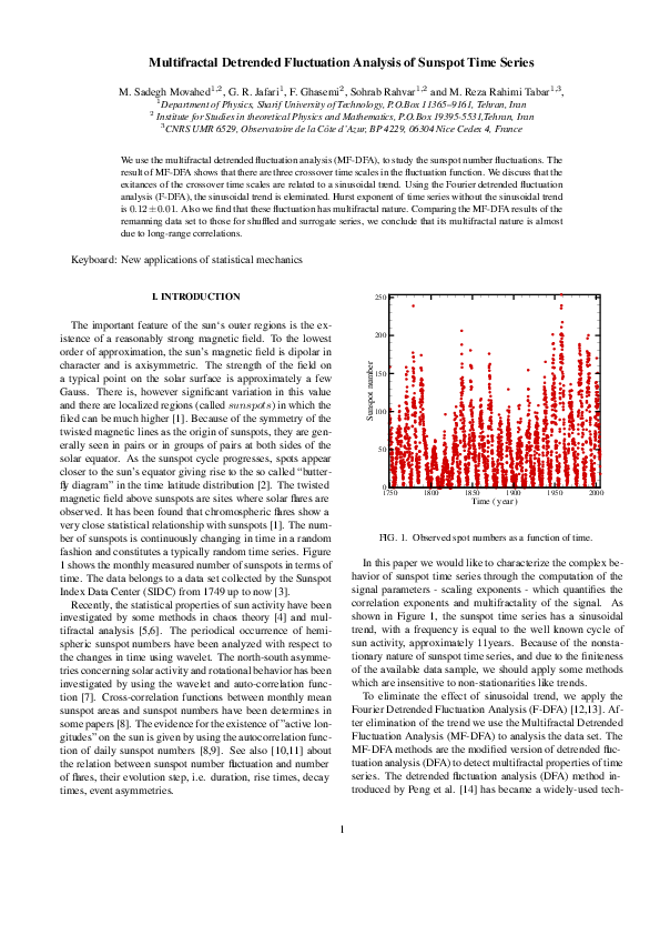 (PDF) Multifractal detrended fluctuation analysis of sunspot time series