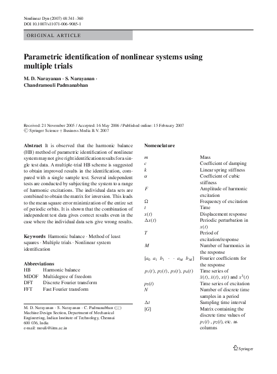 Pdf Parametric Identification Of Nonlinear Systems Using Multiple Trials