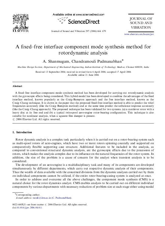 Pdf A Fixed Free Interface Component Mode Synthesis Method For Rotordynamic Analysis