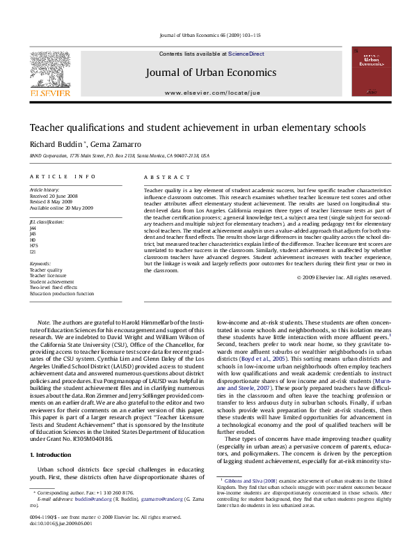 (PDF) Teacher qualifications and student achievement in urban ...