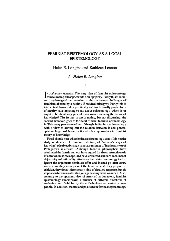 (PDF) Feminist Epistemology as a Local Epistemology: Helen E. Longino