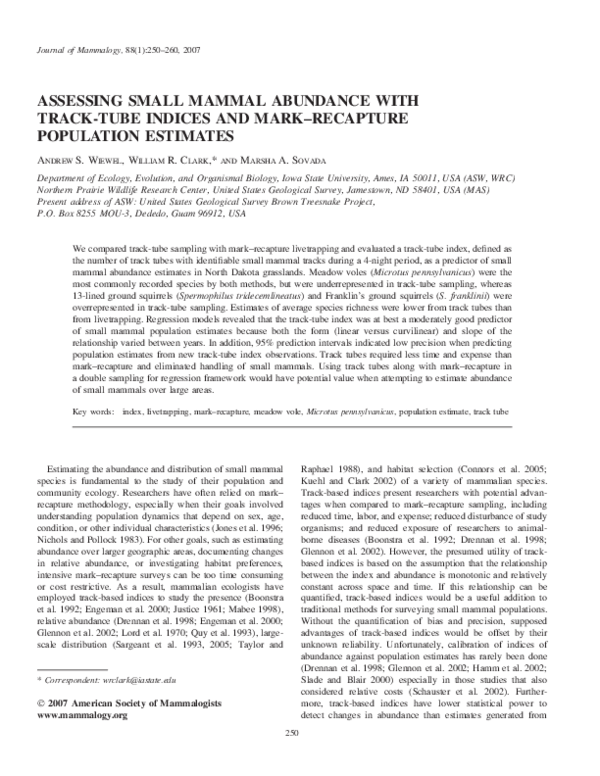 (PDF) ASSESSING SMALL MAMMAL ABUNDANCE WITH TRACK-TUBE INDICES AND MARK ...