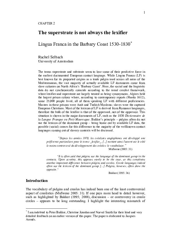 (PDF) 2. The superstrate is not always the lexifier: Lingua Franca in ...