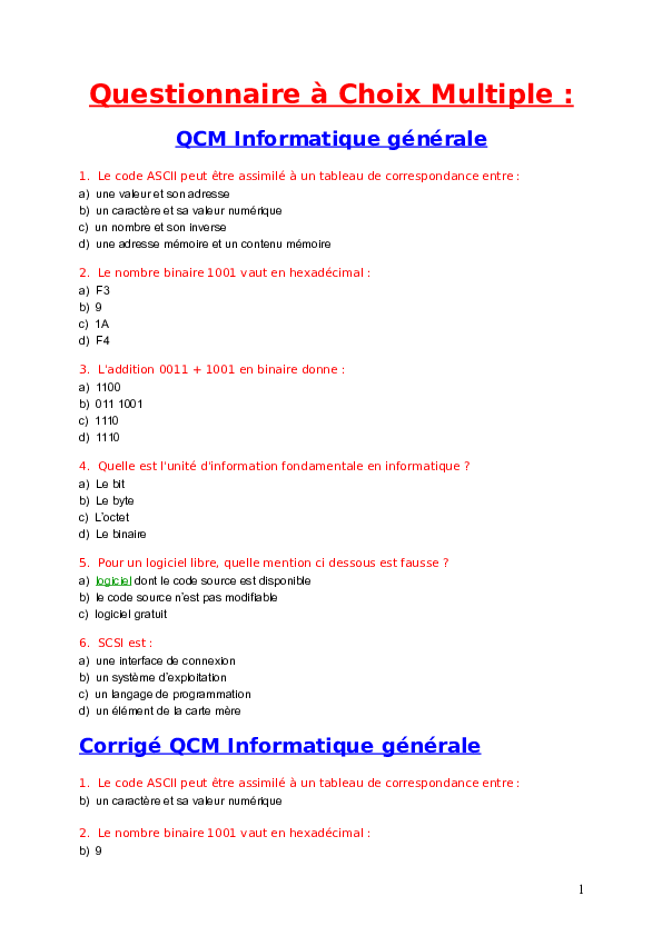 (DOC) QCM corrigs info
