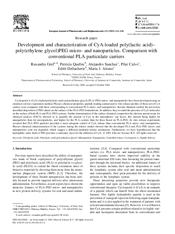 (PDF) Development and characterization of CyA-loaded poly(lactic acid)–poly(ethylene glycol)PEG ...