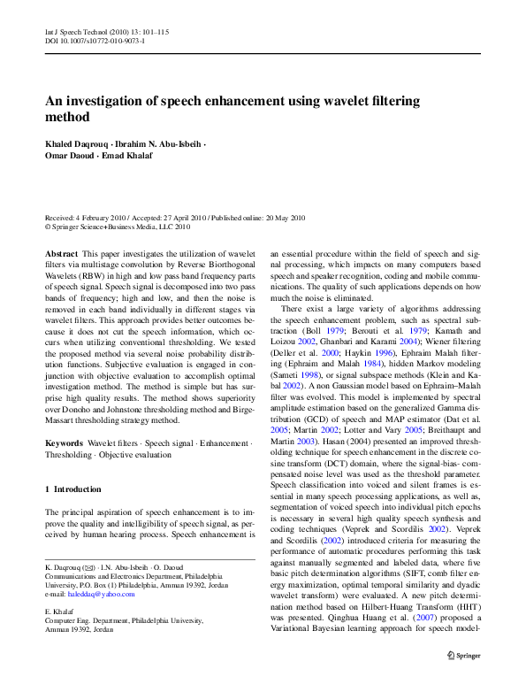 Pdf An Investigation Of Speech Enhancement Using Wavelet Filtering Method