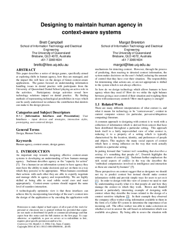 (PDF) Designing to maintain human agency in context-aware systems | Margot Brereton - Academia.edu