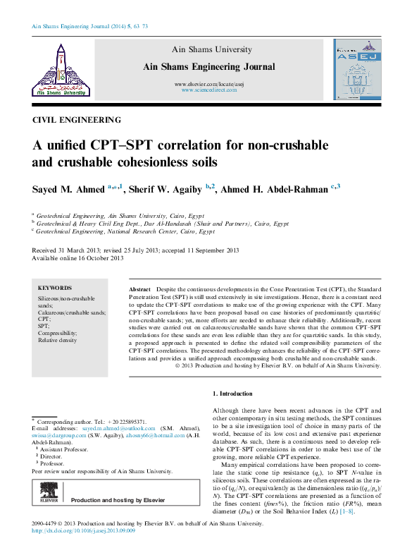 (PDF) A unified CPT–SPT correlation for non-crushable and crushable cohesionless soils
