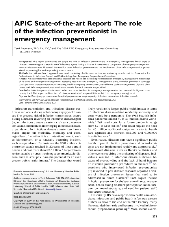 APIC State-of-the-art Report: The role of the infection preventionist in emergency management